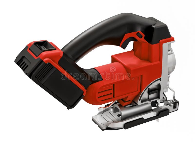 The Tool is a Red Electric Jigsaw on a White Isolated Background. 3d ...