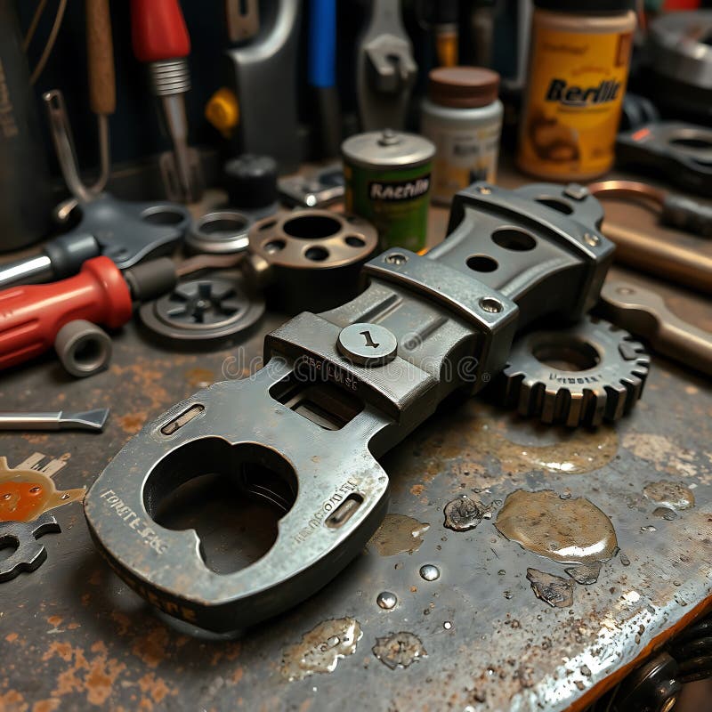 A Tool Resting on a Mechanics Workbench Surrounded by Tools and Gear ...