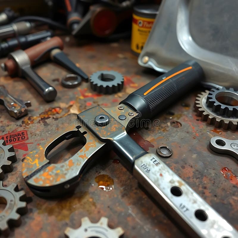 A Tool Resting on a Mechanics Workbench Surrounded by Tools and Gear ...