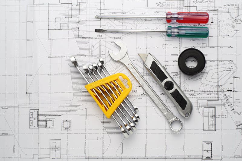 The Tool Set Necessary for Repair Home on Plan Stock Image - Image of ...