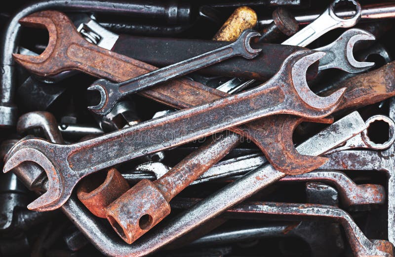 Toolbox of Different Dirty Old Hand Tools at Garage Stock Image - Image ...