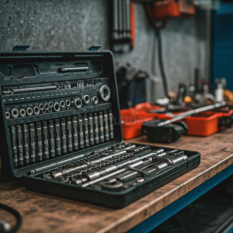 A Toolbox Filled with Various Tools Sits on a Workbench Stock ...