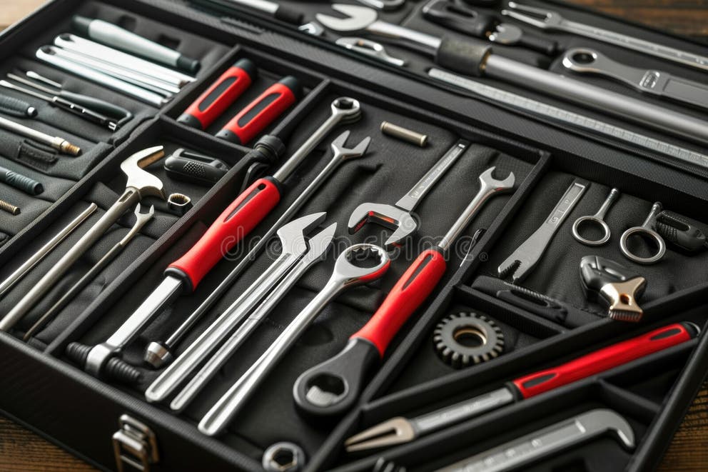 A Toolbox Filled with Various Tools on a Wooden Table Stock Photo ...