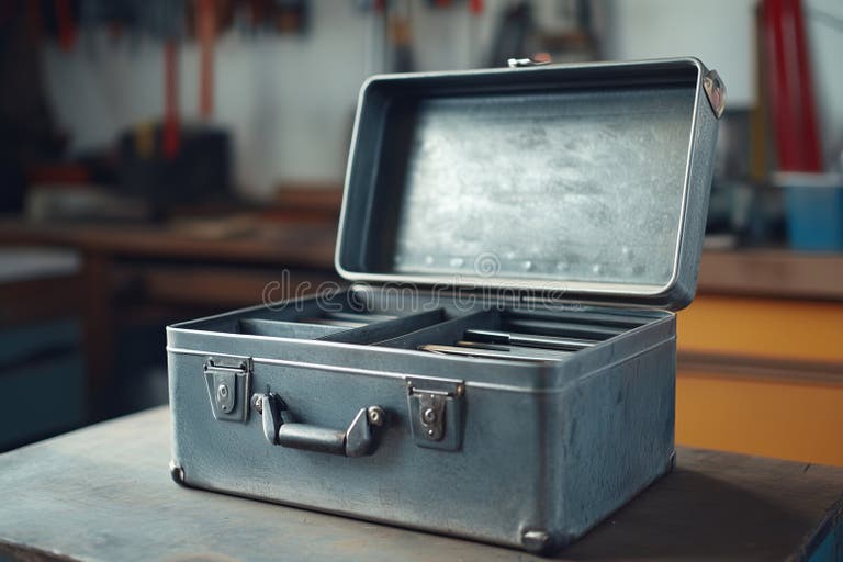 Toolbox with Organized Compartments Sits Open on a Workbench in a ...