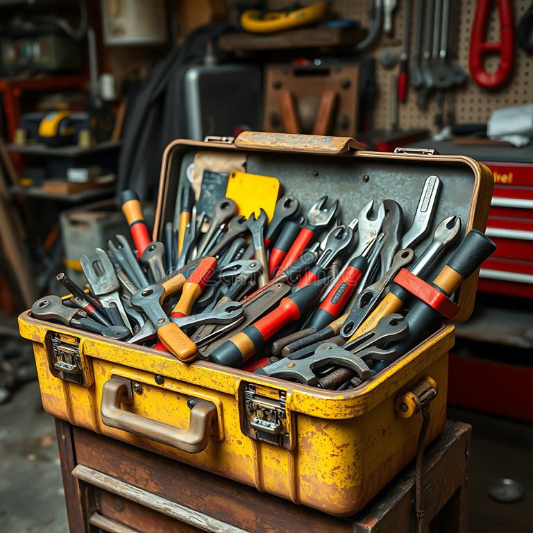 A Toolbox Overflowing with Assorted Hand Tools Photographed in a Garage ...