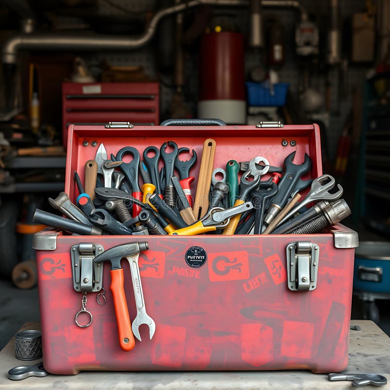 A Toolbox Overflowing with Assorted Hand Tools Photographed in a Garage ...