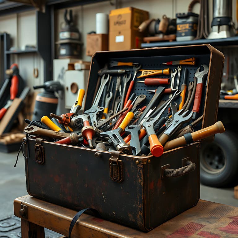 A Toolbox Overflowing with Assorted Hand Tools Photographed in a Garage ...
