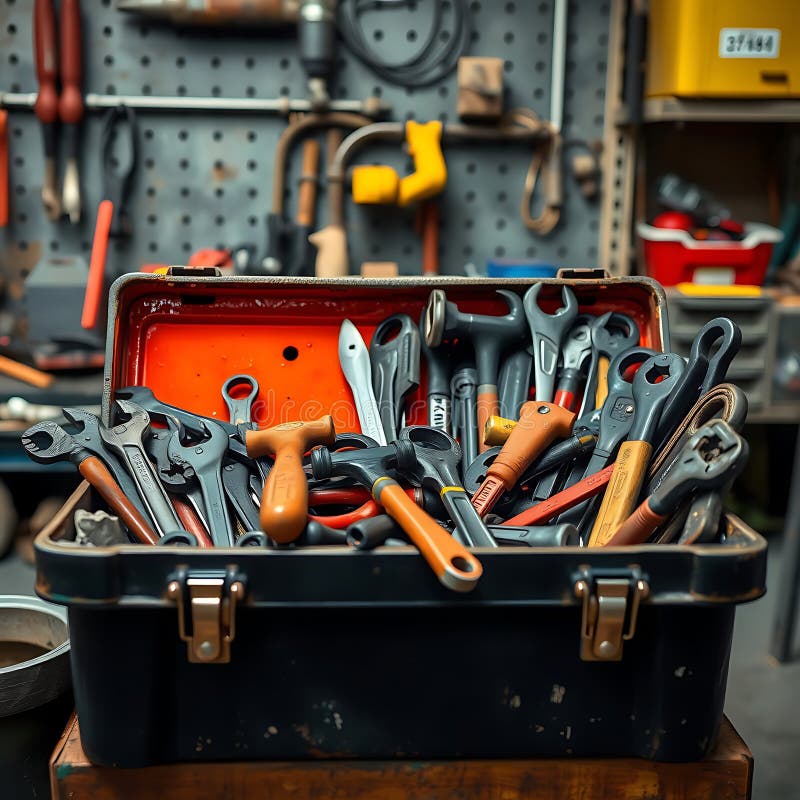 A Toolbox Overflowing with Assorted Hand Tools Photographed in a Garage ...