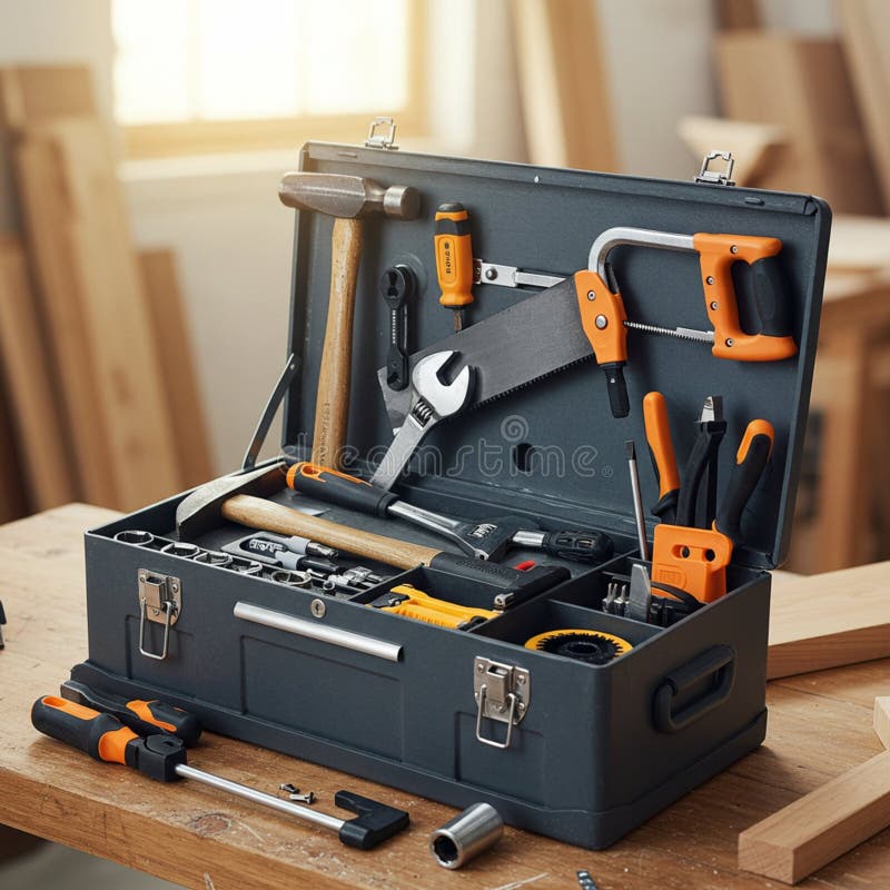 A Toolbox Sits Open on a Wooden Table, Filled with Various Tools. Stock ...