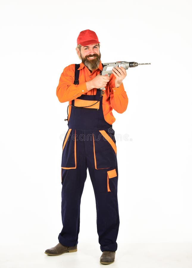 Toolbox Tips Drilling and Fixing. Man in Cap with Drills White ...