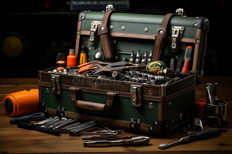 Toolbox and Tools Arranged on Wooden Table. AI Stock Illustration ...