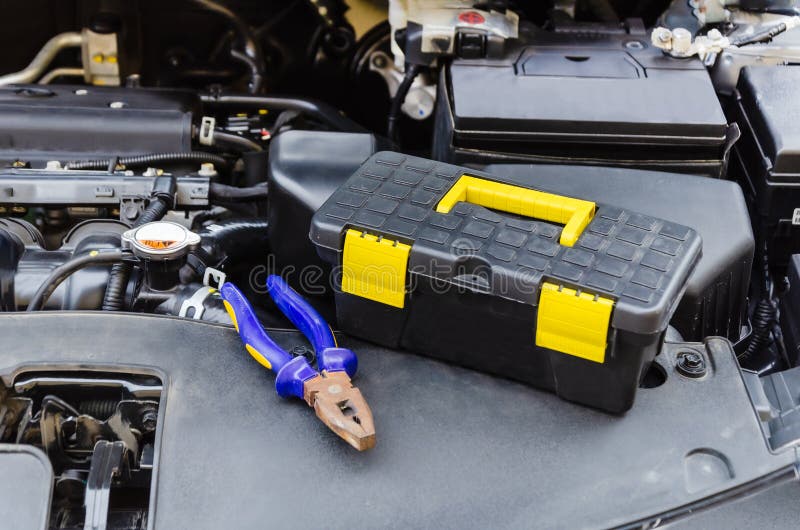 Toolbox Under Open Hood of Car. Service, Maintenance. Inspect Car ...