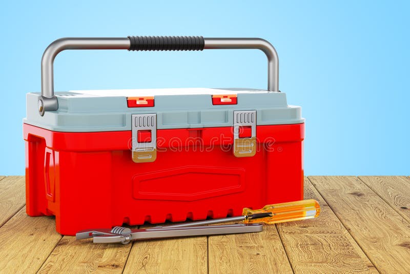 Toolbox on Wooden Desk, 3D Rendering Stock Illustration - Illustration ...