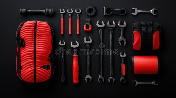 Toolkit with Red and Black Tools on a Dark Background Stock ...