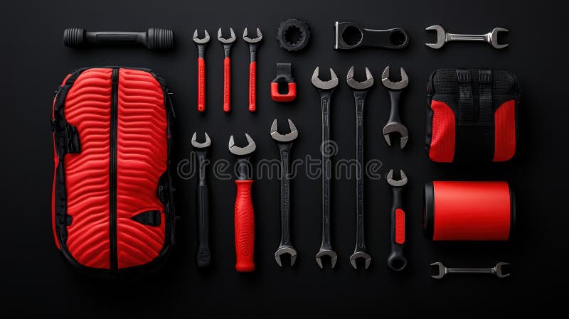 Toolkit with Red and Black Tools on a Dark Background Stock ...