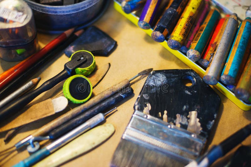 Tools and Accessories for Drawing and Working on a Painting in a ...