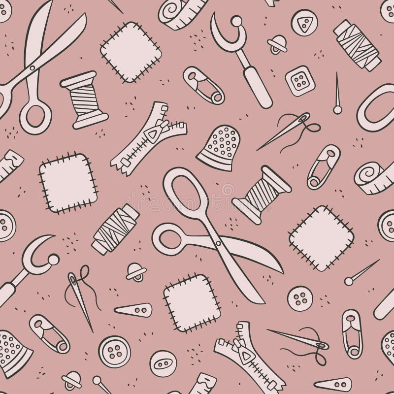 Sewing and Needlework. Tools and Accessories. Seamless Pattern in Doodle and Cartoon Style ...