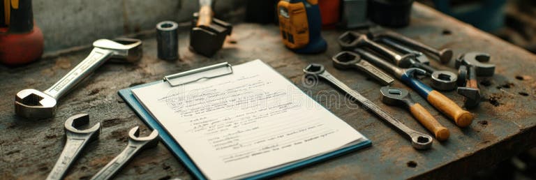 Tools Arranged on a Work Bench with Notes and Details Equipment Task ...