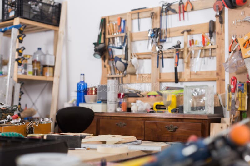 Tools in the Board and in Garage. Workshop Scene Stock Photo - Image of ...