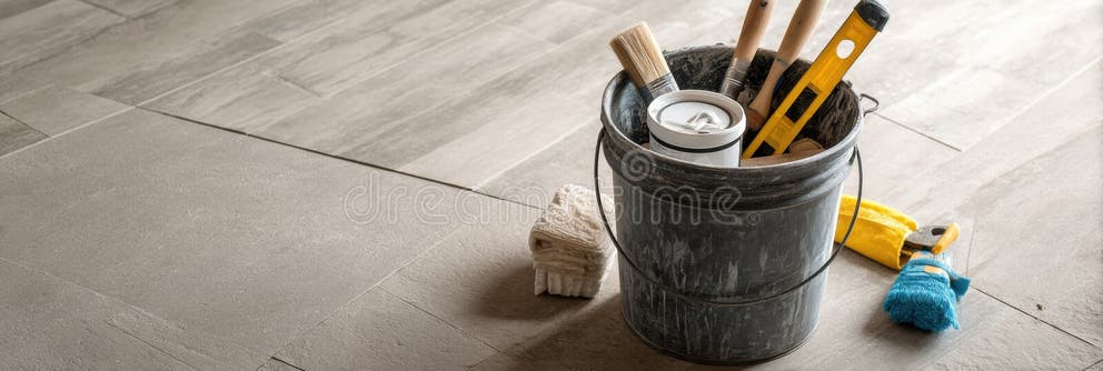 Tools and Bucket of Tile Adhesive Ready for Work on Construction Site ...