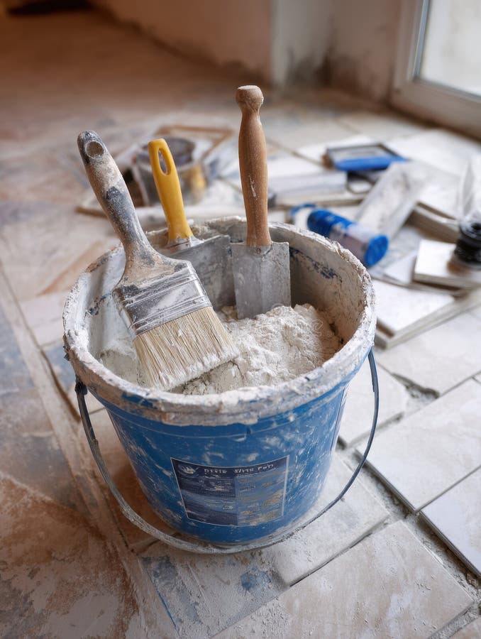 Bucket of Tile Adhesive and Tools Arranged on Construction Site Floor ...