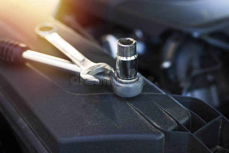 Tools in the car engine stock photo. Image of specialist - 167084486