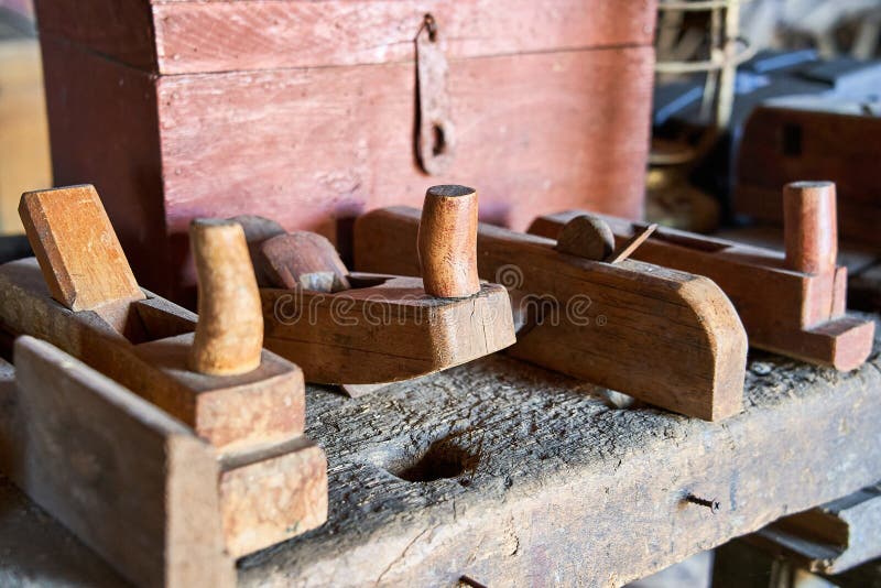 Tools in the Carpentry Workshop. a Small Jointer on the Master`s Table ...
