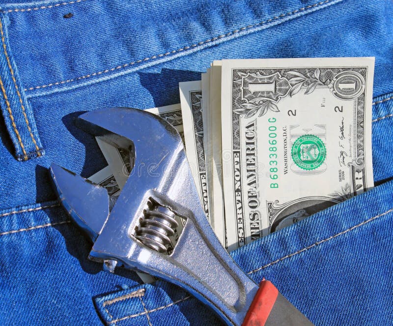 Tools and cash in pocket stock image. Image of equipment - 39526609