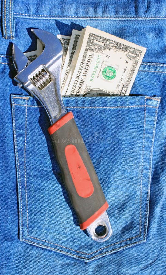 Tools and cash in pocket stock image. Image of engineer - 39526725