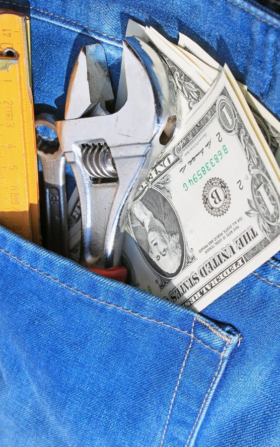 Tools and cash in pocket stock photo. Image of home, denim - 39527350
