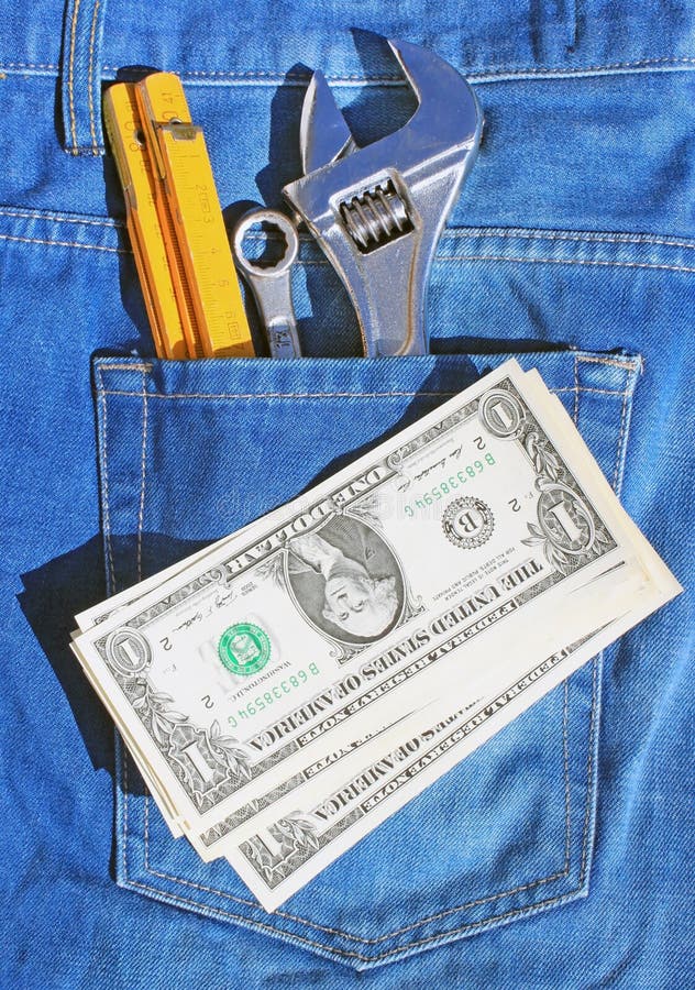 Tools and cash in pocket stock photo. Image of construct - 39527866