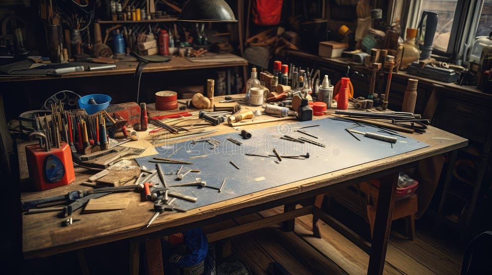 Tools cluttered table stock illustration. Illustration of workbench ...