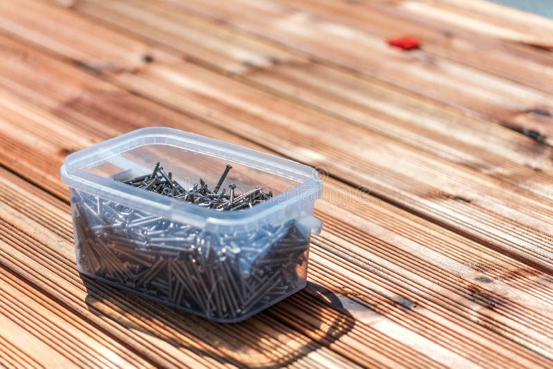 Tools for the Construction of a Wooden Floor or Terrace. Screwdr Stock ...