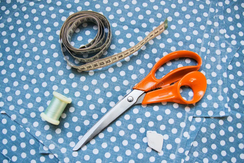 Tools for Cutting and Sewing: Scissors, Chalk, Threads, Centimeter Tape ...