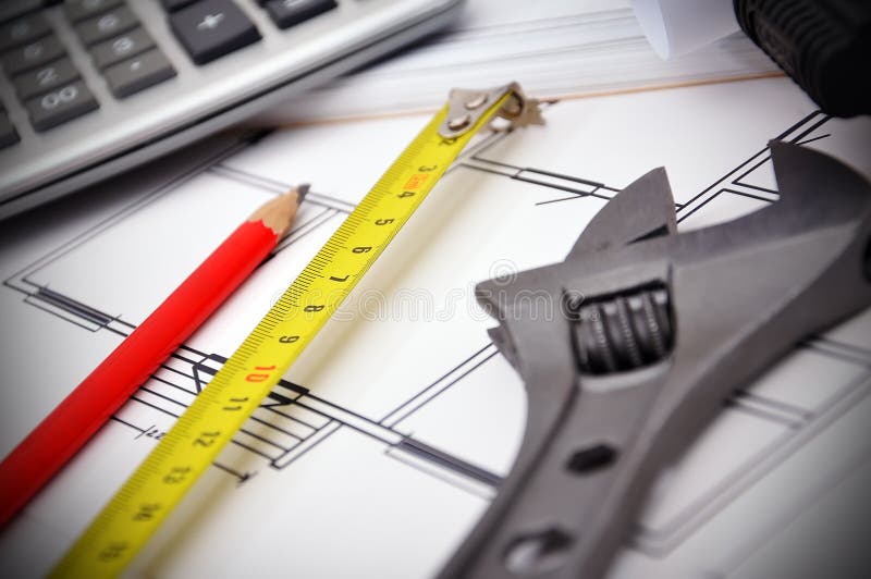 Tools on desktop stock image. Image of professional, blueprint - 41314059