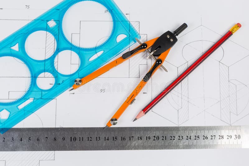 Tools for Draftsmanship Lie on a Training Drawing Stock Image - Image ...