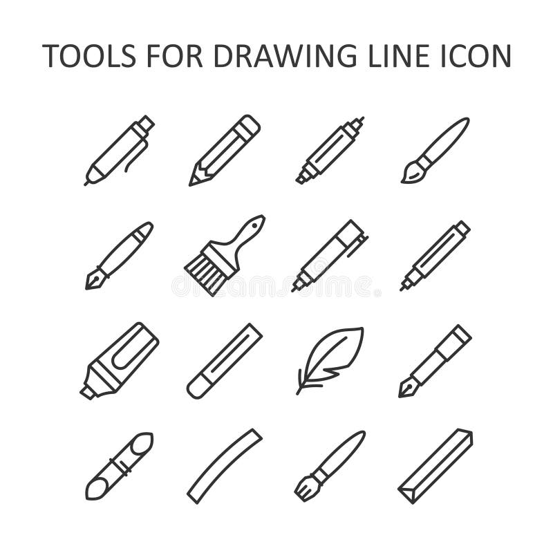 Tools for Drawing, Calligraphy, Lettering, Sketching Flat Line Icon Set ...