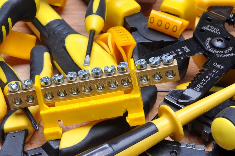 Tools for Electrical Installation Stock Photo - Image of brown ...