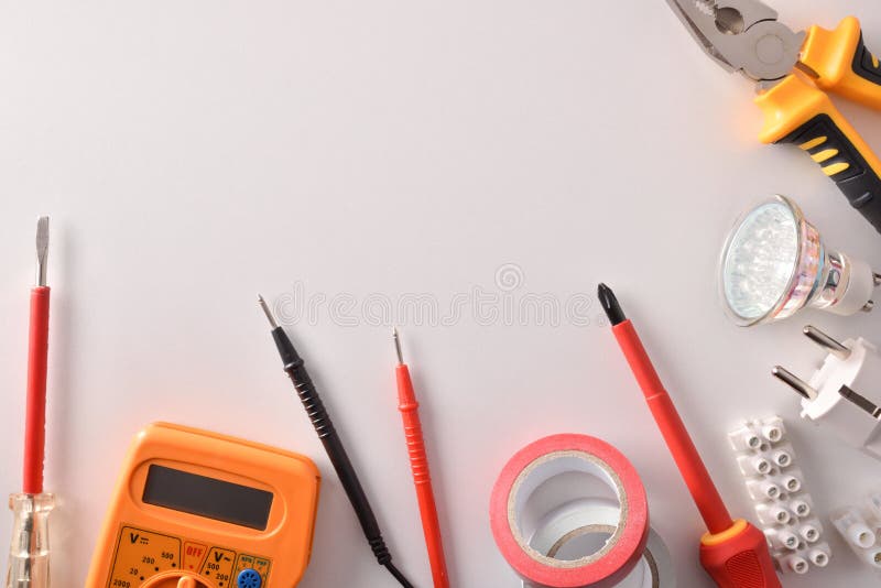 Tools and Electrical Material on White Table Space Above Stock Photo ...