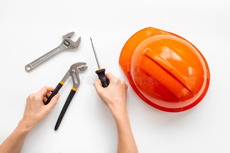 Tools with Engineer Safety Construction Helmet Top View Stock Image ...