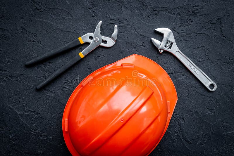 Tools with Engineer Safety Construction Helmet Top View Stock Photo ...