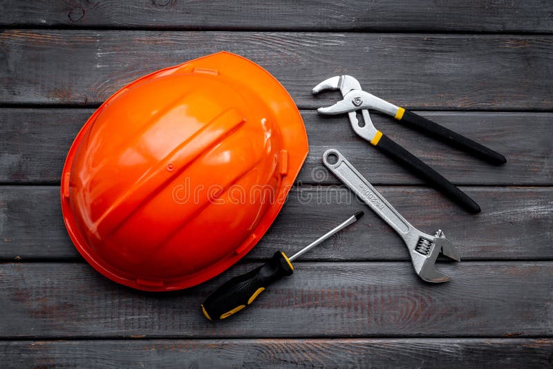 Tools with Engineer Safety Construction Helmet Top View Stock Image ...