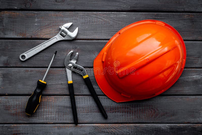 Tools with Engineer Safety Construction Helmet Top View Stock Image ...