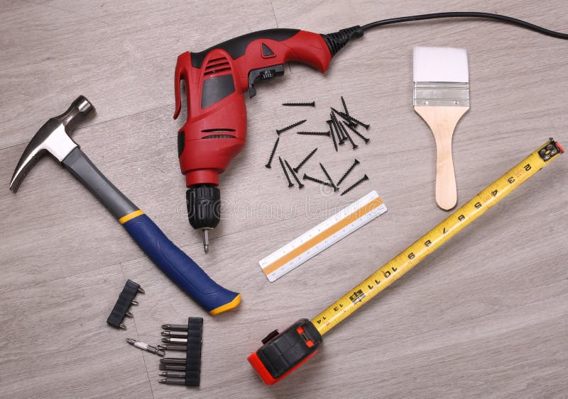Tools on the floor stock image. Image of tape, table - 115489245