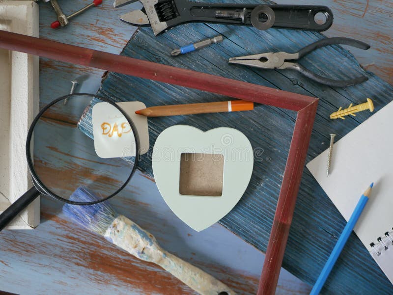 Tools, Frame, Notebook, Congratulation on a Wooden Table Stock Photo ...
