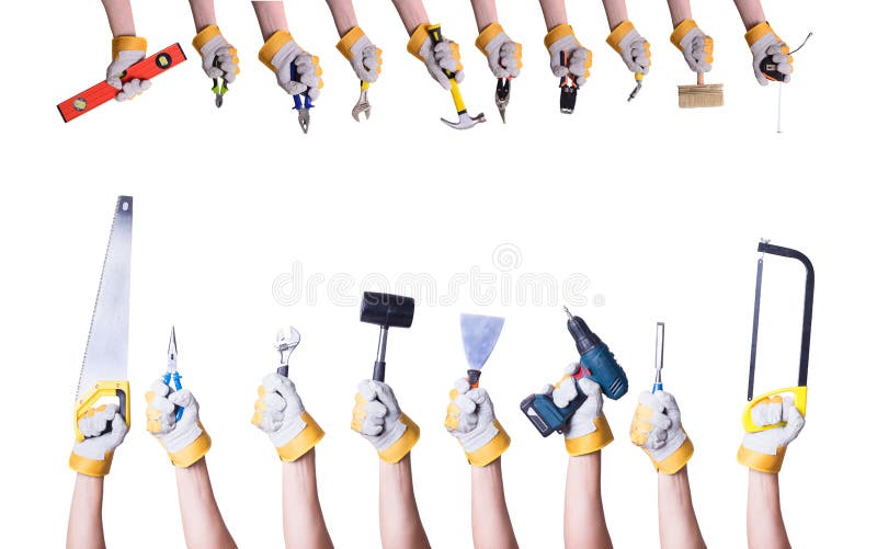 Tools in hand stock image. Image of holding, builder - 62880155