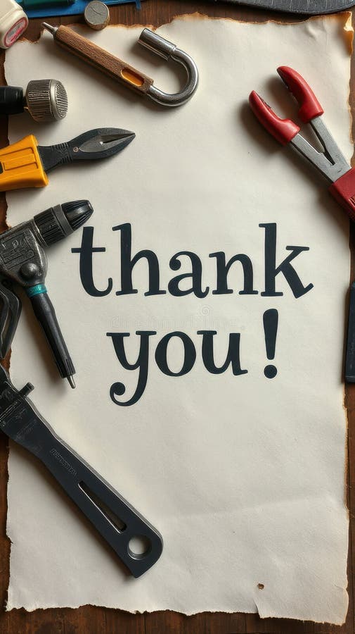 Tools and a Handwritten Note Expressing Gratitude Arranged on a Wooden ...