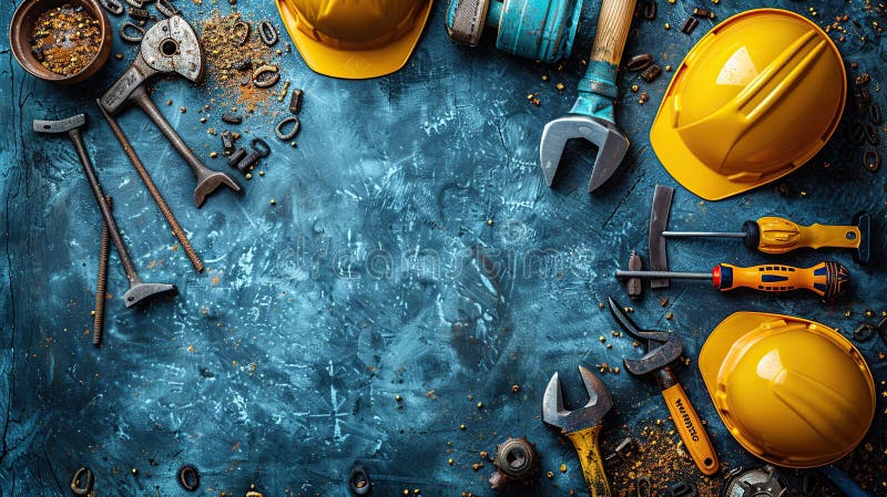 Tools and Hard Hats on Blue Background Stock Illustration ...