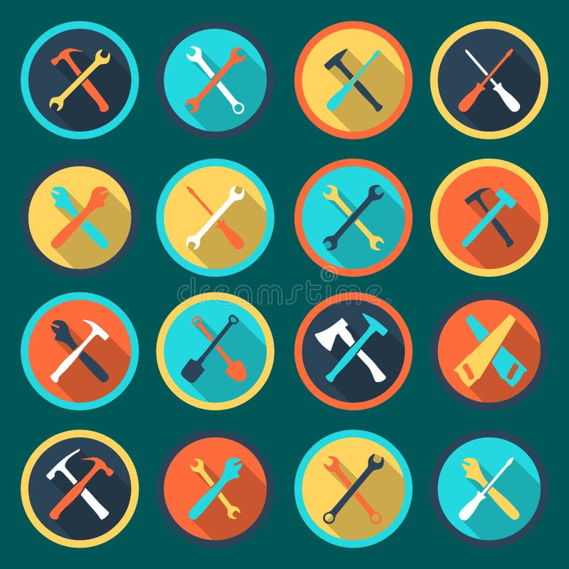 Tools Icon Silhouette Set with Flat Shadow Stock Vector - Illustration ...