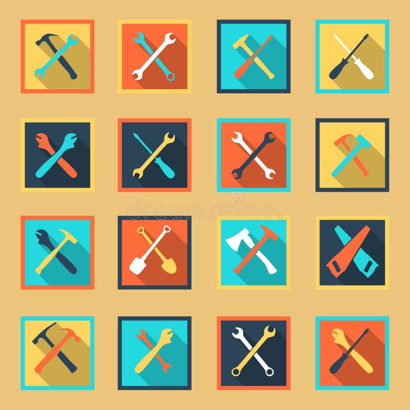 Tools Icon Silhouette Set with Flat Shadow Stock Vector - Illustration ...